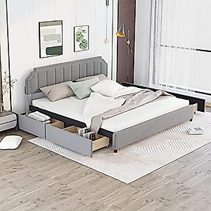 OPTOUGH Upholstered King Size Platform Bed Frame with 4 Storage Drawers and Headboard, Wooden Slats Support, No Box Spring Needed, Grey
