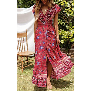 ZESICA Women's 2025 Bohemian Floral Printed Wrap V Neck Short Sleeve Split Beach Party Maxi Dress,Red,Medium
