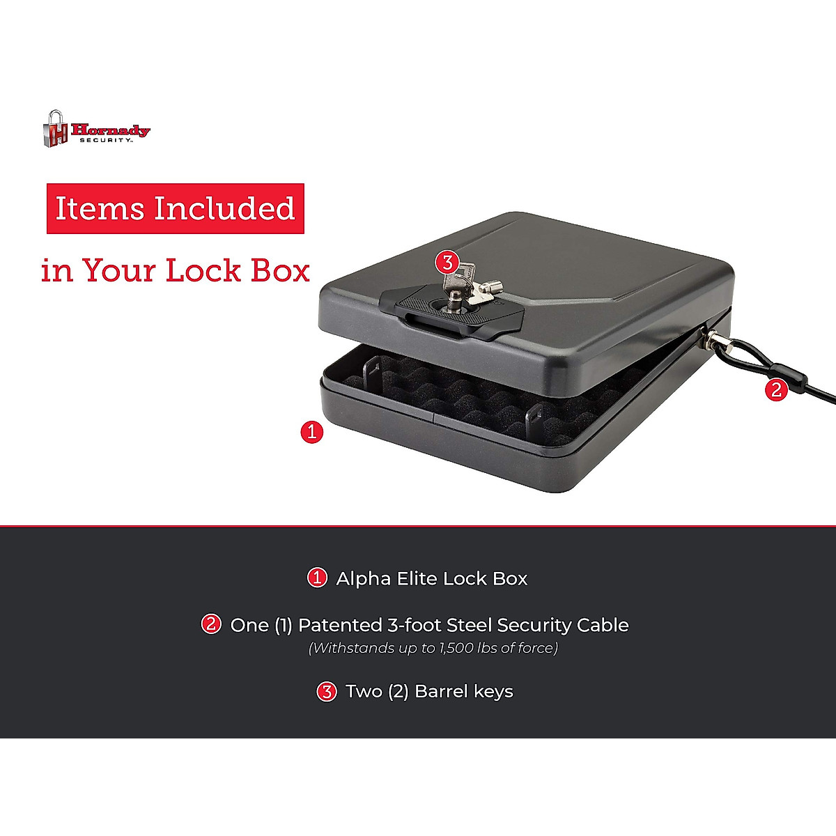 Hornady Alpha Elite Portable Lock Box for Guns and Valuables – Includes 2 Keys and 4 Foot Steel Cable – Thick 16-Gauge Steel, An Ideal Car Lock Box or Truck Safe – Black, 10.25 x 8 x 2.75 Inches