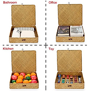 Hipiwe Flat Wicker Storage Basket Bins With Lid Large Seagrass Woven Shelf Basket Rectangular Home Decor Oraganizer Basket Boxes for Closet Bathroom Shelf Organizing, Caramel