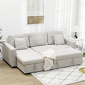 HOMCOM Sectional Sleeper Sofa, Linen Fabric L Shaped Couch with Pull Out Bed, Reversible Storage Chaise for Living Room, Apartment, 3-seat, Cream White