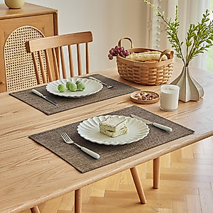 Softalker Faux Linen Placemats Set of 6-12 x 18 Inch, Heat Resistant Double Layered Durable Burlap Farmhouse Place Mats, Non-Slip Washable Rustic Table Mats for Dining, Kitchen, Party（Brown