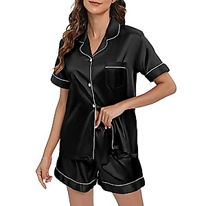 HPWUZK Women's Satin Pajamas sets Short Sleeve Sleepwear Soft Silk Button Down Loungewear Pjs Shorts Set Black