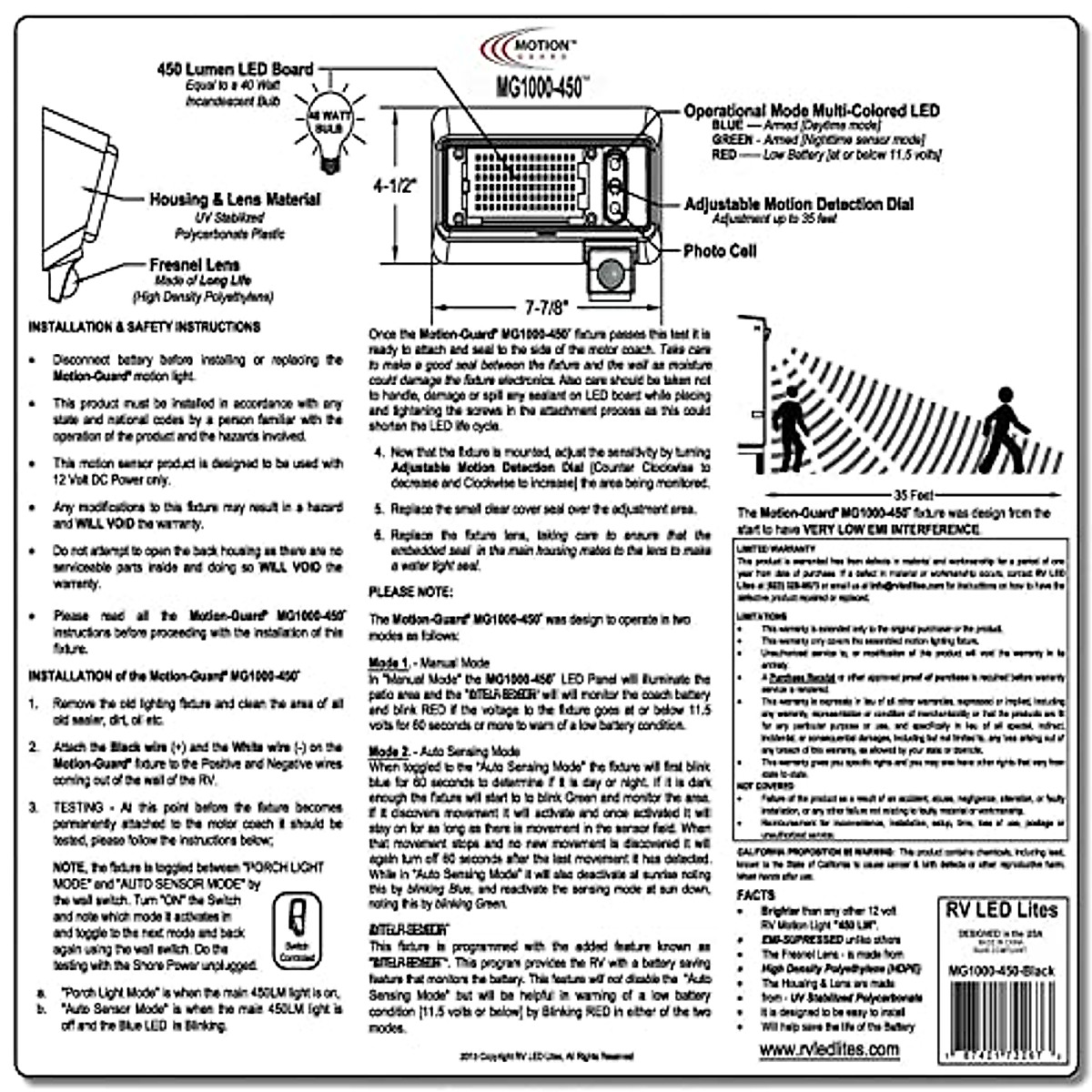 MOTION-GUARD, MG1000-450B, RV Motion Sensor Light, 12 Volt, Exterior Mounted Motion Sensor Bright LED Porch Utility IP65 Flood Light with Battery Monitoring sensor and EMI Suppression, USA Designed