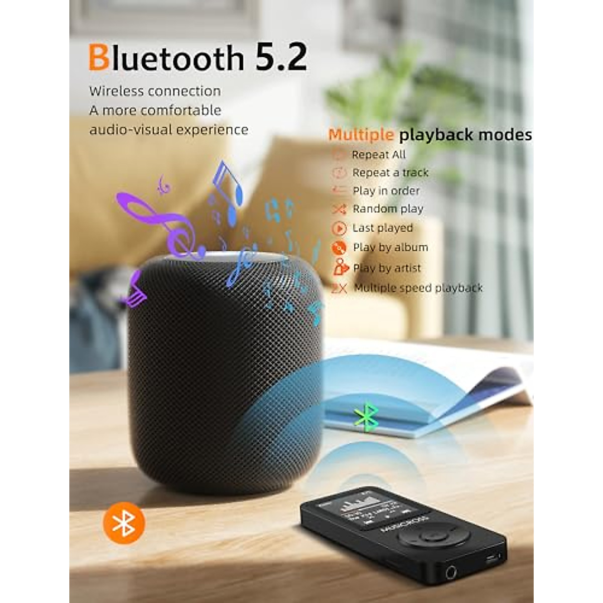 MP3 Player with Bluetooth 5.2,MUSICROSS 32GB Portable Lossless Music MP3 Player for Kids,Build-in HD Speaker/Photo/Video Play/FM Radio/Voice Recorder/E-Book,Supports up to 128GB,Black