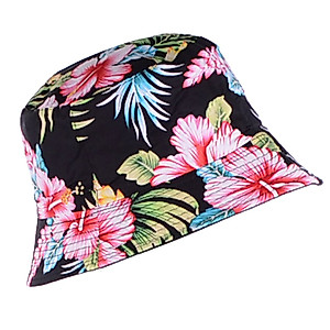 BYOS Fashion Cotton Unisex Summer Printed Bucket Sun Hat Cap, Various Patterns Available (Vintage Flower Black)