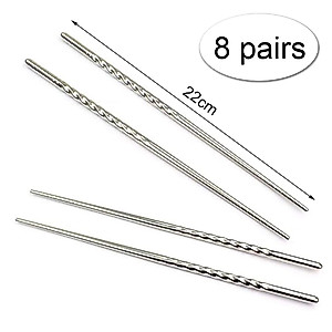 8 Pairs Reusable Chopsticks Stainless Steel Metal Chop Sticks Finger Multipack Threaded Japanese Chinese Korean Chopstick Dishwasher-Safe