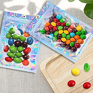 200pcs 3"X 4" (storage size 2.6X2.6 '') Smell Proof Resealable Mylar Bags Food Storage Holographic Bags Foil Pouch Double-Sided Zipper lock Bag