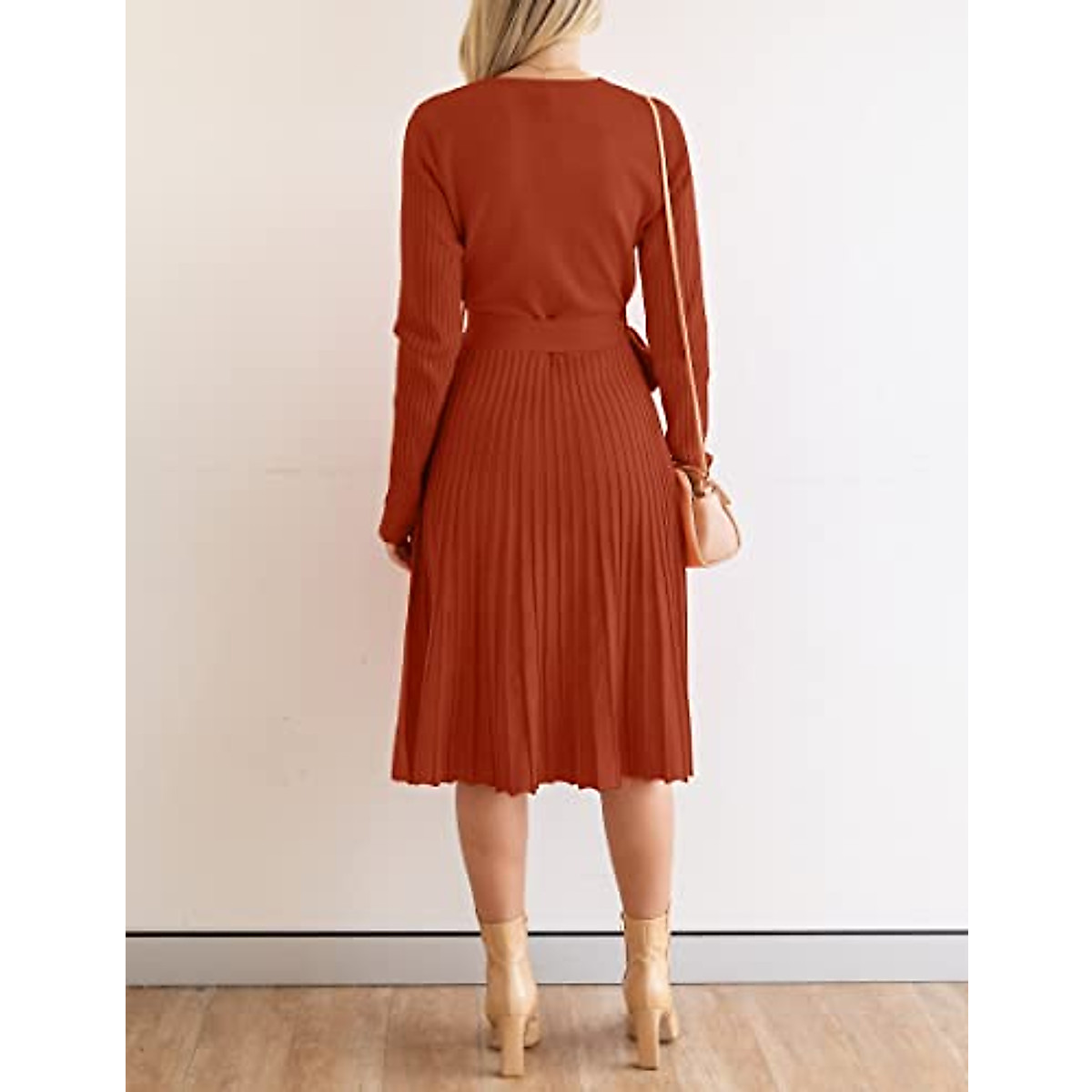 ZESICA Women's 2023 Fall Long Sleeve Wrap V Neck Ribbed Knit Pleated A Line Pullover Sweater Dress with Belt,Rust,Large