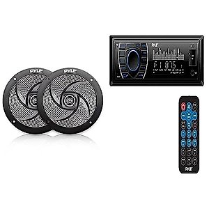 Pyle Marine Speakers - 5.25" Inch Low Profile Slim Style Waterproof Wakeboard Tower and Weather Resistant & Bluetooth Marine Receiver Stereo - 12v Single DIN Style Boat in Dash Radio Receiver