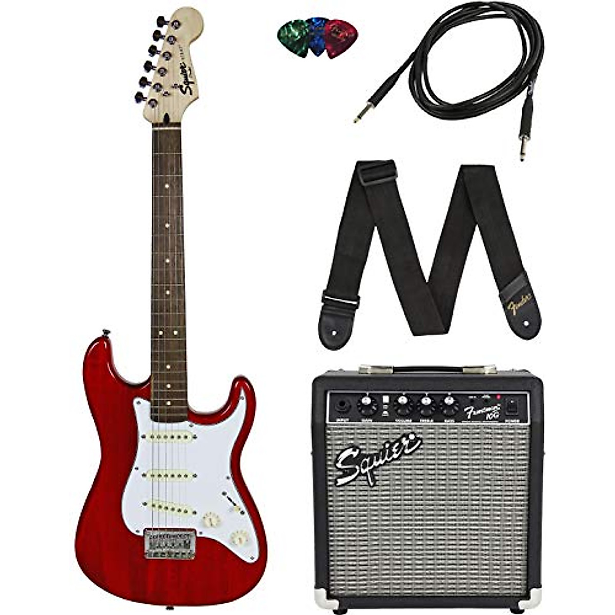 Squier by Fender Short Scale Stratocaster Pack with Frontman 10G Amp, Cable, Strap, and Picks - Red