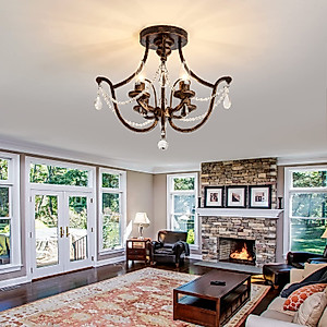 UOFUS Vintage Semi Flush Mount Crystal Chandelier Oil Rubbed Bronze 4-Light Small Metal Ceiling Light Fixture Farmhouse Ceiling Lamp for Foyer Kitchen Entryway Hallway Bathroom Bedroom Dining Room