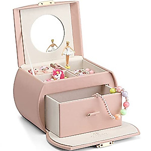 Vlando Kids Musical Jewelry Box for Girls with Drawer, Music Box with Ballerina and Stickers for Birthday Bedroom Decor, Pink
