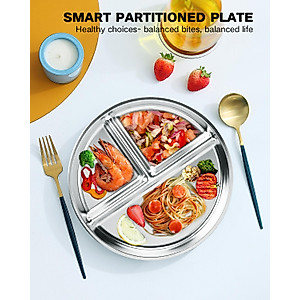 Bakpoco Stainless Steel Kids Plates 2 Packs, 9" Portion Control Plate Divided Plates for Adults Bariatric Weight Loss & Diabetic Diet, [Non Toxic Unbreakable] Toddlers Lunch Dishes, Camping Food Tray