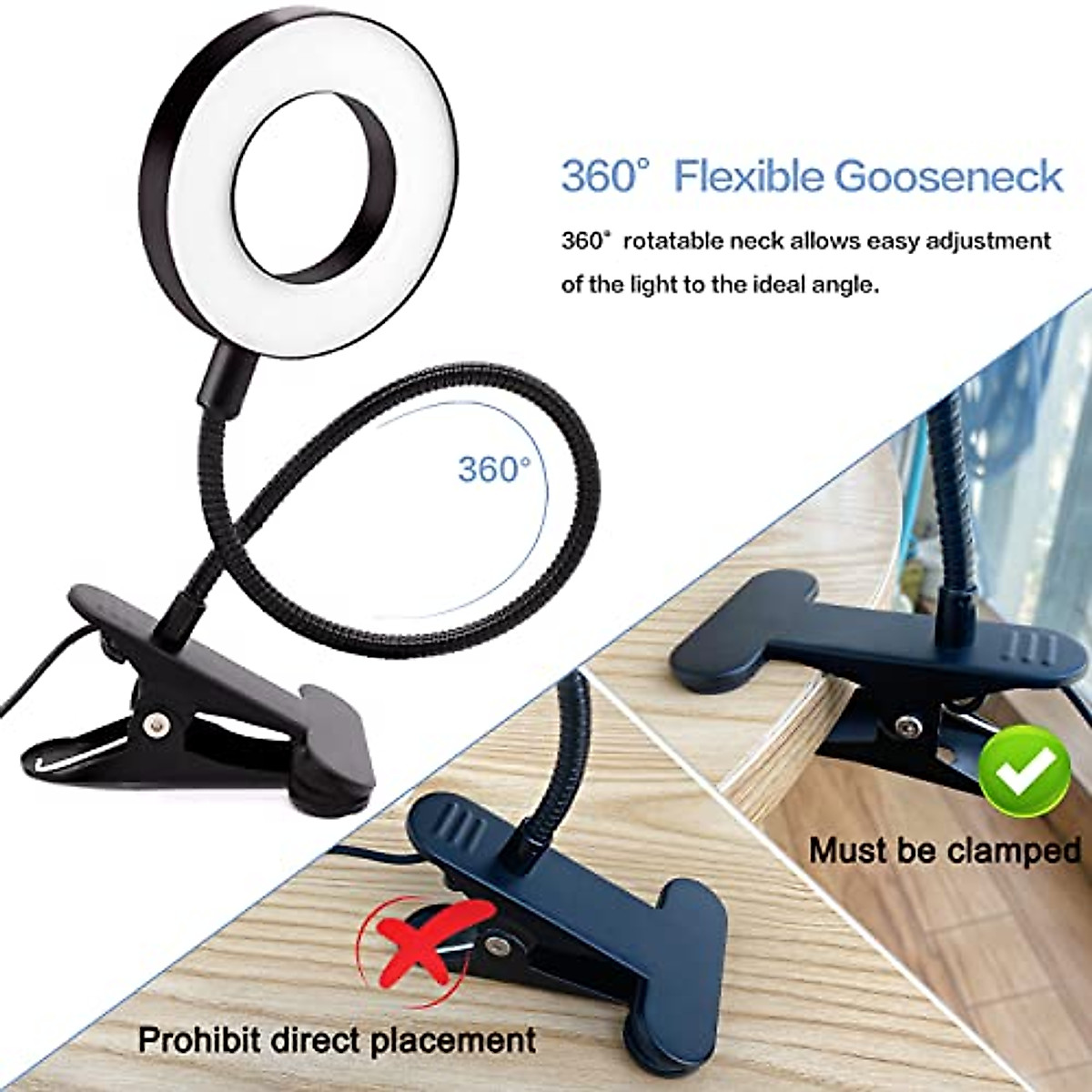 Clip on Light Reading Lamp for Bed, 4.7" USB Desk Light with Clamp 3 Lighting Modes10 Brightness, Eye Protection Book Clamp Light, 360° Flexible Gooseneck Table Light for Bed Headboard Makeup Eyebrow