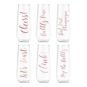 TOSSWARE POP 9oz Flute Pink Rose Toast Series, SET OF 6, Premium Quality, Recyclable, Unbreakable & Crystal Clear Plastic Printed Champagne Glasses