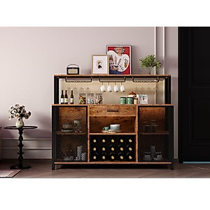 Gyfimoie Wine Bar Cabinet with Drawer and LED Lights, 55 Inches Industry Coffee Bar Cabinet with Wine Rack and Glass Goblet Holder, Kitchen Sideboard Buffet Cabinet for Liquor and Goblet