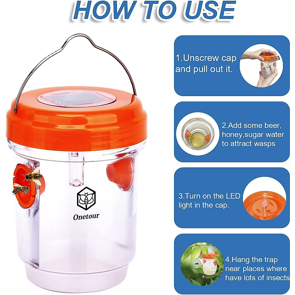 Wasp Traps for Hunting Wasps, Bees, Hornets, Insects, Yellow Jacket Traps, Wasp Trap Catcher, Reusable Solar Powered Hanging for Outdoor, 2 Packs (Orange)