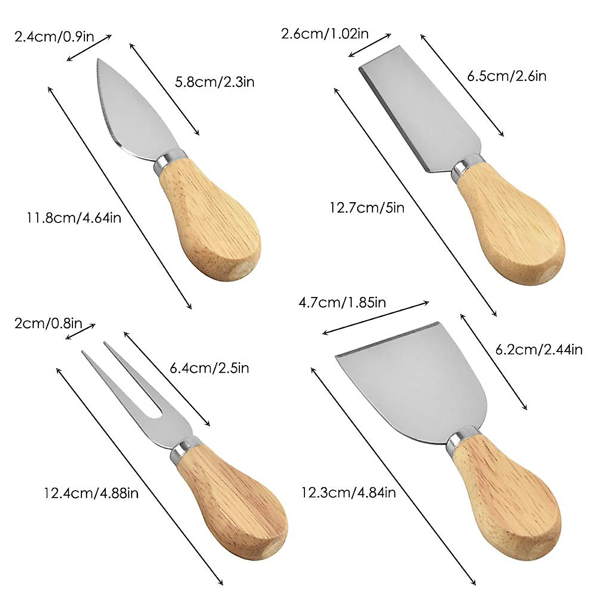 DanziX 6 Pcs Cheese Knife Set, Wood Handle Stainless Steel Cheese Cutter Fork Spreader Slicer with 2 Pcs Wooden Butter Knife