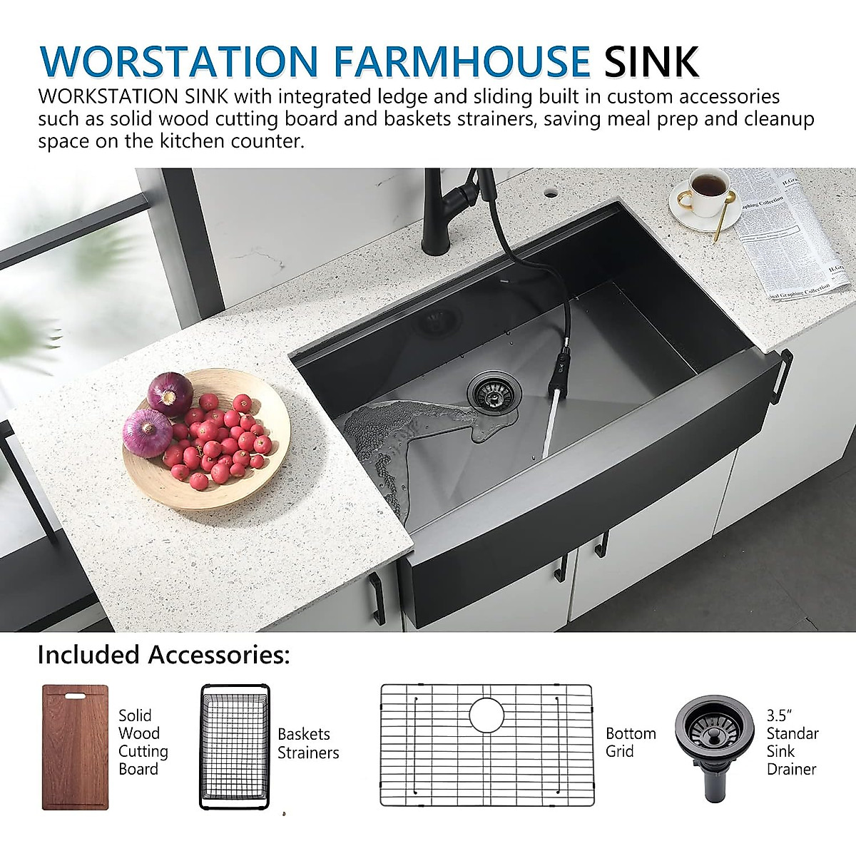 30 Inch Black Undermount Farmhouse Kitchen Sink, 30 x 22 x 10 Inch Farm Workstation Kitchen Sink 16 Gauge Stainless Steel Apron Front Black Kitchen Sink with Accessories