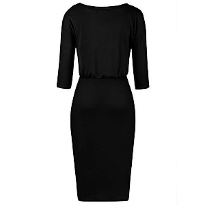 Moyabo Church Dresses for Women 3/4 Sleeve Round Neck Elastic Wasit Causal Dresses with Pockets Black Large