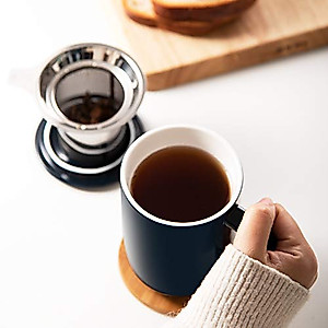 CEEFU Porcelain Tea Mug with Infuser and Lid, Teaware with Filter and Coaster, Loose Leaf Tea Cup Steeper Maker, 16 OZ for Tea/Coffee/Milk/Women/Office/Home/Gift (Navy Blue)