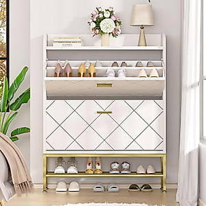 VTRIN Shoe Cabinet with 2 Flip Drawers, Wooden Shoe Organizer Cabinet Modern Sturdy Hidden Shoe Rack Cabinet with Metal Legs Narrow Shoe Cabinet for Entryway Shoe Storage Cabinet, White