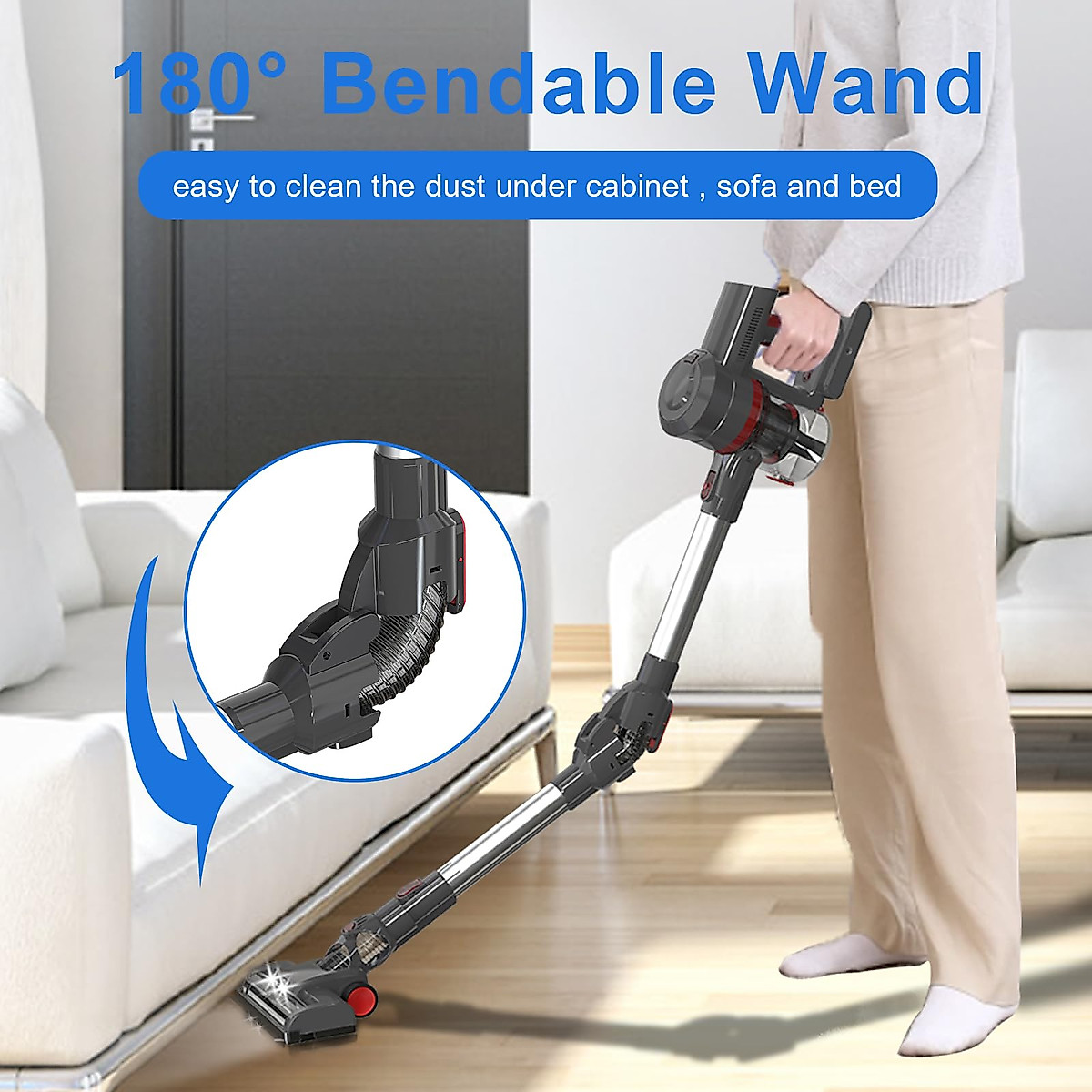 QTGPET Cordless Vacuum Cleaner, 25Kpa Strong Suction, 40 mins Runtime, 6-in-1 Vacuum Cleaner with Detachable 2200mAh Rechargeable Battery, Lightweight Stick Vacuum for Pet Hair