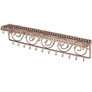MyGift Rose Gold-Tone Metal Wall Jewelry Holder Organizer and Cosmetics Shelf Rack with 25 Necklace Hooks