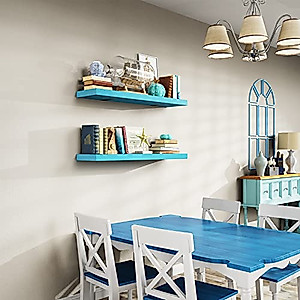 Habudda Floating Shelves, Wall Decor Wood Shelf for Bathroom Bedroom Kitchen Living Room Hanging Mounted Storage, 30 Inch Set of 2, Wooden Rustic Bohemian Blue