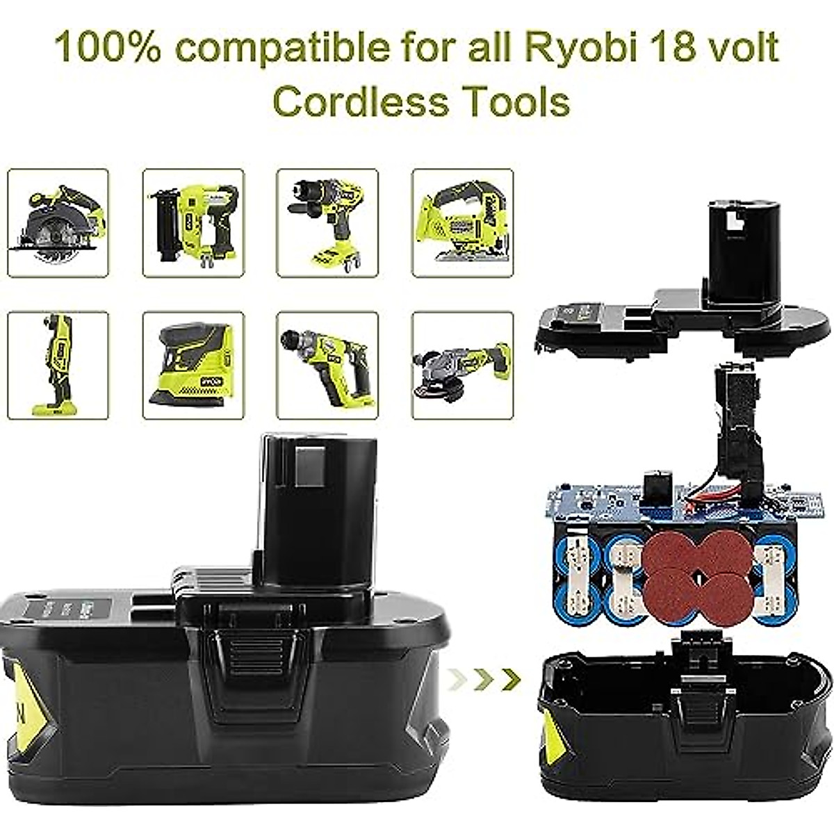 ARyee 6.0Ah 18V Li-ion Replacement Battery for Ryobi All 18V Lithium Battery P102 P103 P105 P107 P106 P108 P109 Ryobi ONE+ Cordless Power Tool