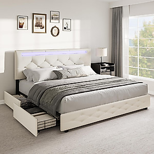 YITAHOME Beige Queen Bed Frame, LED Platform Bed with Wooden Slat, Adjustable Upholstered Headboard Bed with 4 Storage Drawers, No Box Spring Required, Easy Assembly