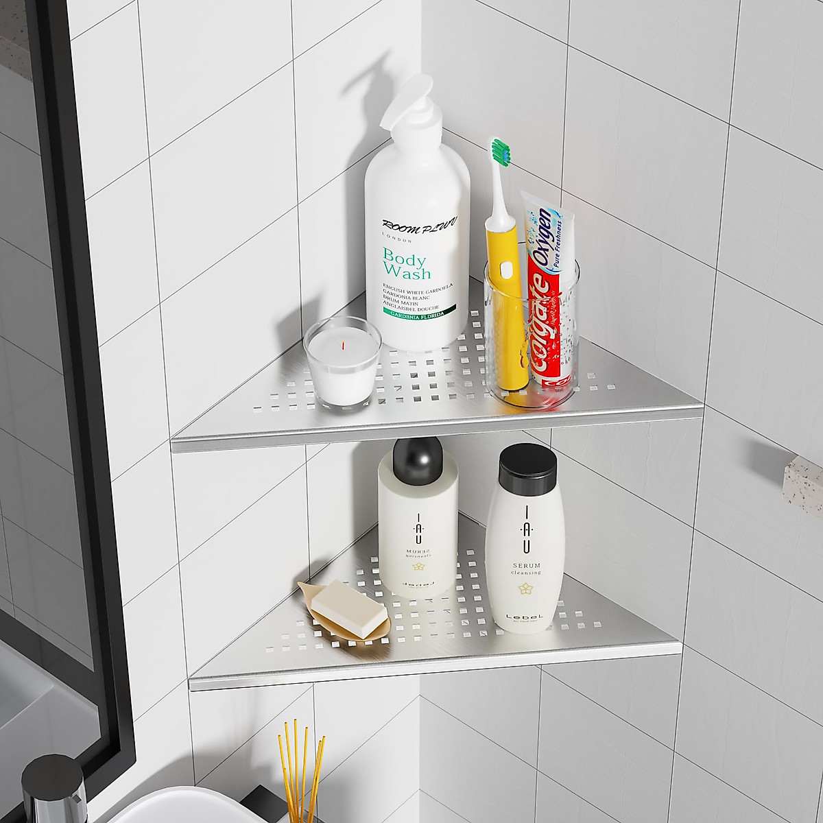 Neodrain 10 Inch Brushed Corner Wall Shelf Set of 2, Floating Corner Shelves for Wall, 304 Stainless Steel Wall Storage Shelves for Bathroom,No Drilling