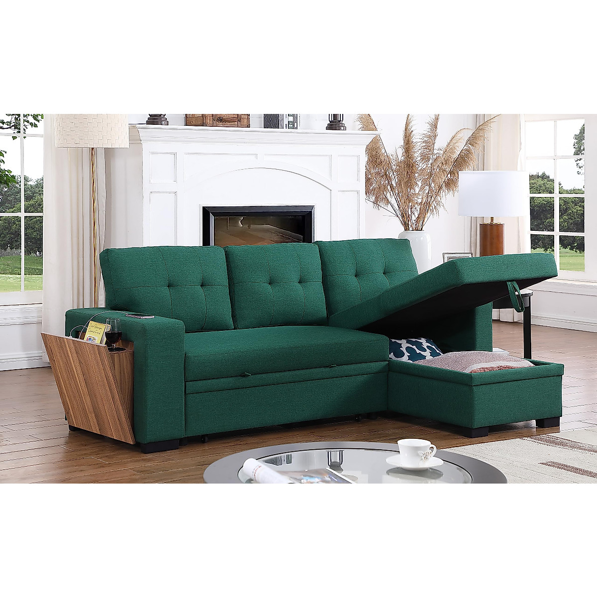 Acosure 92" L-Shape Sectional Pull Out Sofa Bed with Storage Chaise,Sleeper Couch W/USB & Cup Holder,Built-in Wood Shelf Armrest,3 Seat Linen Convertible Sofas for Living Room Office Flats,Green
