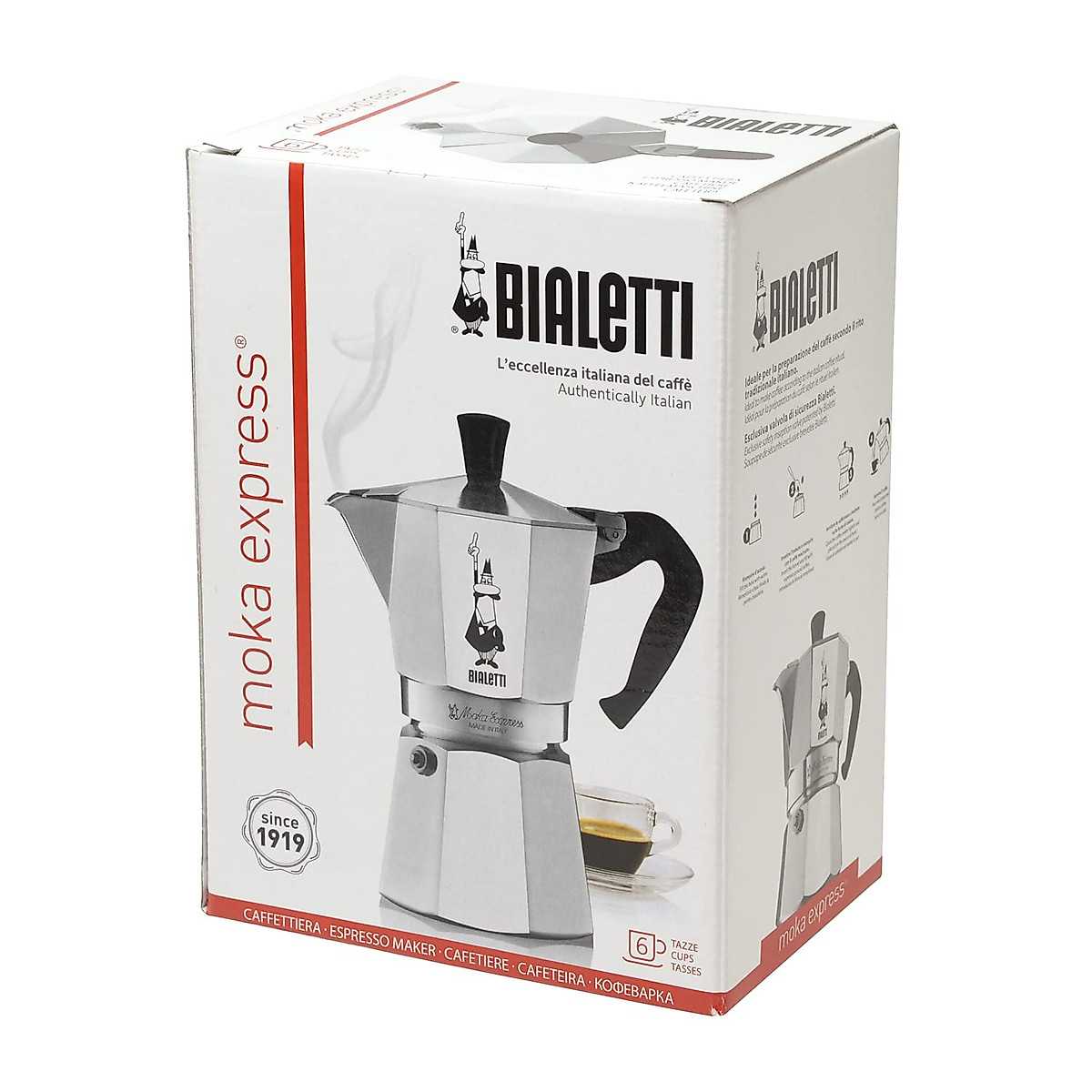 Bialetti - Moka Espress: Iconic Stovetop Espresso Maker, Makes Real Italian Coffee, Moka Pot 6 Cups (6 Oz), Aluminium, Silver