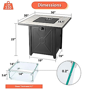 AVAWING Propane Fire Pit Table, 30 inch 50,000 BTU Square Gas Firepits w/Ceramic Tabletop with Waterproof Cover, Glass Wind Guard, Tempered Glass Beads, Protective Cover