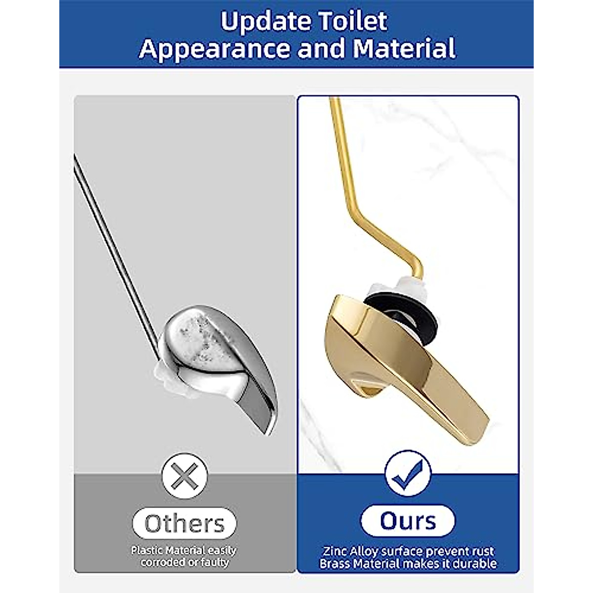 Hibbent Toilet Handle Replacement, Side Mount Tank Flush Lever Handle Compatible with Kohler Toilet Tank, Toilet Trip Lever with Stainless Steel Flapper Chains, Toilet Repair Handle, Polished Brass