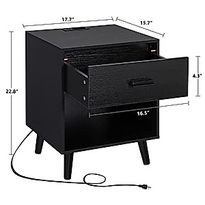 Quimoo Nightstands Set of 2 with Charging Station and LED Lights, End Side Table with 1 Drawer, Modern Nightstand with 1 Open Storage for Bedroom, Black