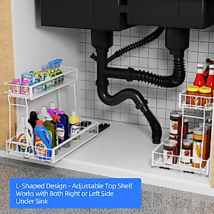 Lxmons 2-Tier Under Sink Slide Out Organizer, Pull Out Cabinet Storage Shelf with Sliding Storage Wire Basket Drawer for Bathroom Kitchen, Countertop or Pantry Storage Shelf, White