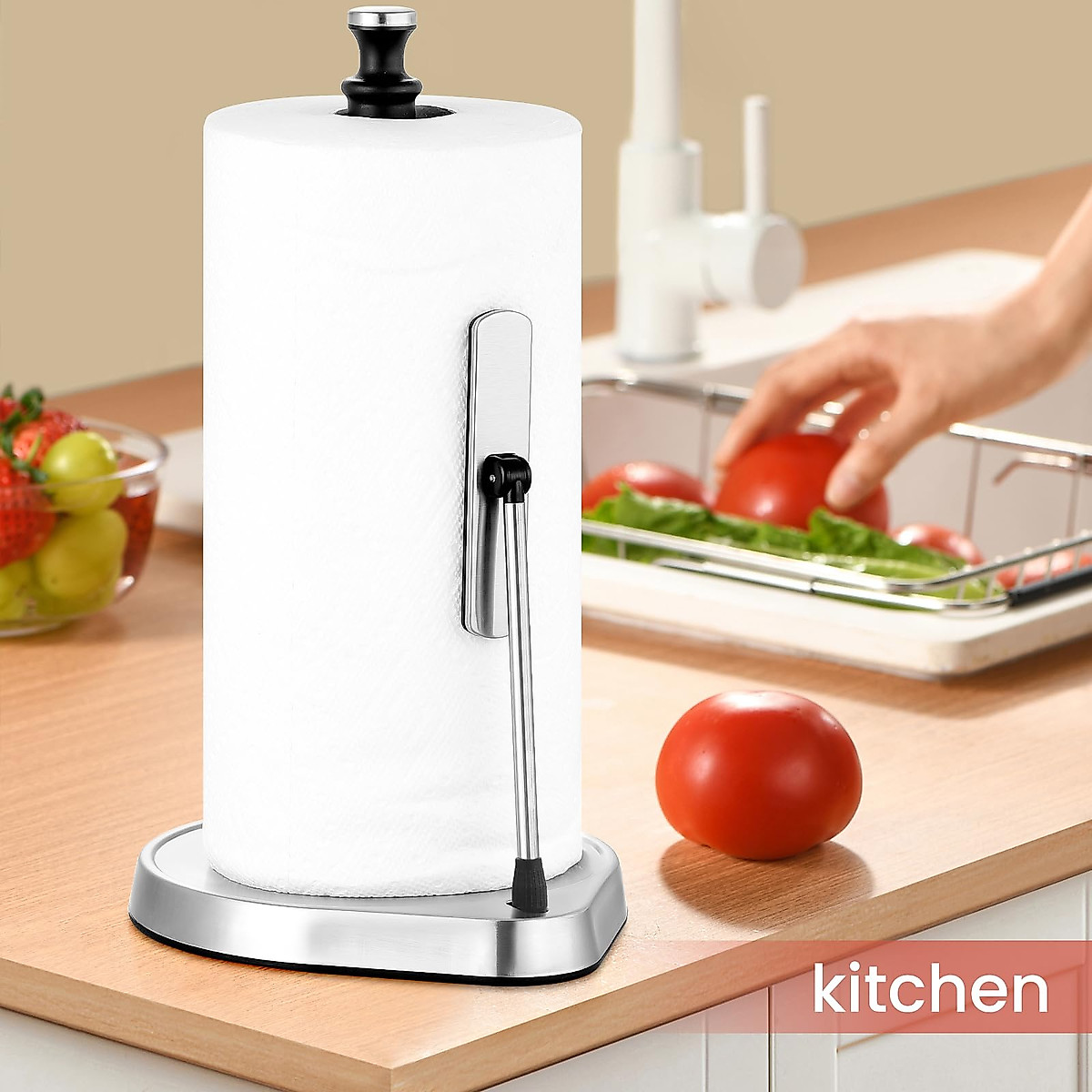 Dailyart Tension Arm Kitchen Paper Towel Holder Stand Designed for Easy One- Handed Operation - Heavy Duty Stainless Steel Paper Towel Holder Countertop, Paper Towel Rack for Standard Large Size Rolls