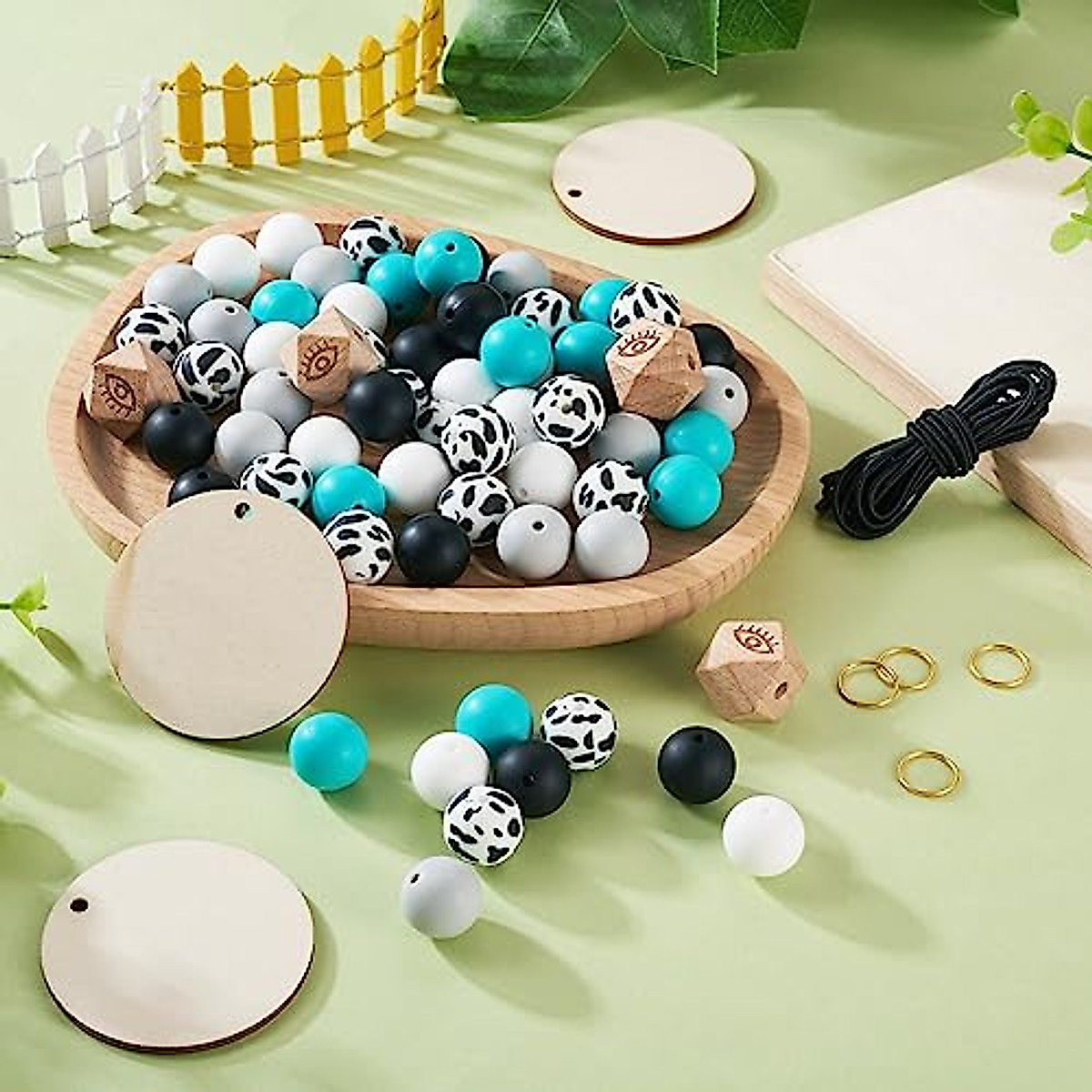 Boutigem 76pcs Cow Printed Round Silicone Beads Soft Rubber Beads for Keychain Making Wood European Beads & Big Pendants for Wristlet Phone Lanyard Pen Jewelry Making DIY Craft