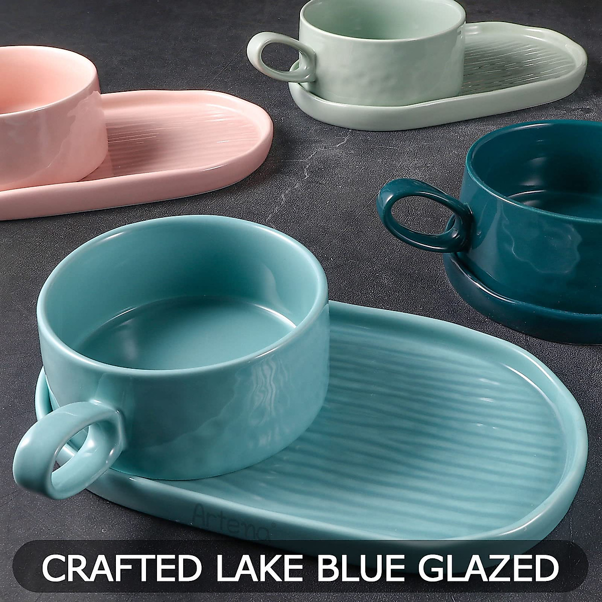 Artena Pasta Bowls Set Of 4, 20oz Porcelain Salad Bowls, 8 Inch Bowls For Kitchen, Colorful Dinner Plates & Solid Soup and Sandwich Plate Combo, 16 oz Soup Bowls/Mugs/Cups with Handles