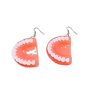 2Pairs Funny Resin 3D Tooth Dangle Earring Set Acrylic Exaggerated Hand-made Drop Earring for Women Mother Friend Creative Ear Halloween Jewelry-B orange+pink
