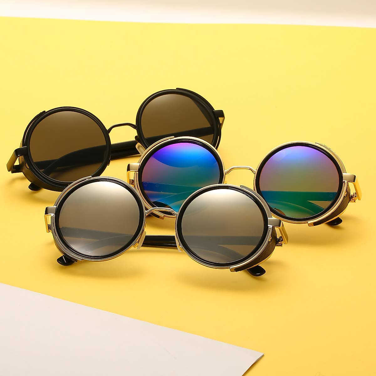 Dollger Steampunk Vintage Retro Round Sunglasses Metal Circle Frame (Black Lens+Black Frame,100% UV Protection Lens)