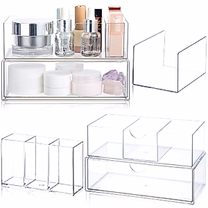 CroBlissful Medicine Cabinet Organizer 4 Tier Stackable Makeup Organizer Tray with 2 Drawers 2 Storage Box 1 Lip Gloss Holders and 1 Movable Partition for Bathroom Cabinet Wall Vanity