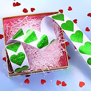 1.5" Glitter Green Heart Stickers, Large Heart Labels Valentines Decor 500 per Roll, St. Patricks Day Decorations for Kids Envelopes