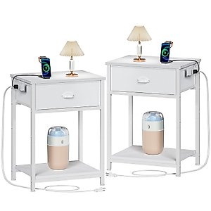 Furologee White Nightstands Set of 2 with Charging Station, Small Bed Side Table with Fabric Drawer for Small Spaces, 2 Tiers Storage Shelves End Table for Living Room, Bedroom, Dorm