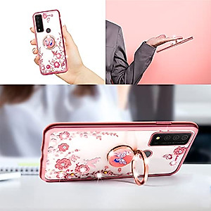 nancheng Phone Case for TCL 30 XE 5G, Case for 6.52-inch TCL 30 XE 5G Cute Soft Silicone Pink Cover for Girls Women with Ring Kickstand Shockproof Protection Case - Rose Butterfly