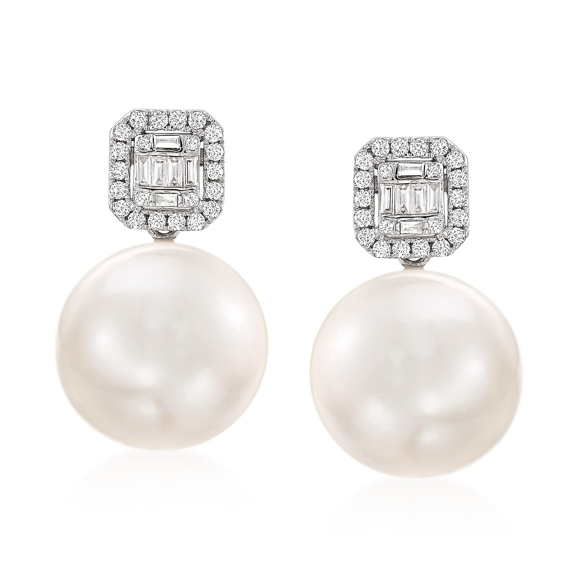 Ross-Simons 12-14mm Cultured Pearl and .42 ct. t.w. Diamond Earrings in 18kt White Gold