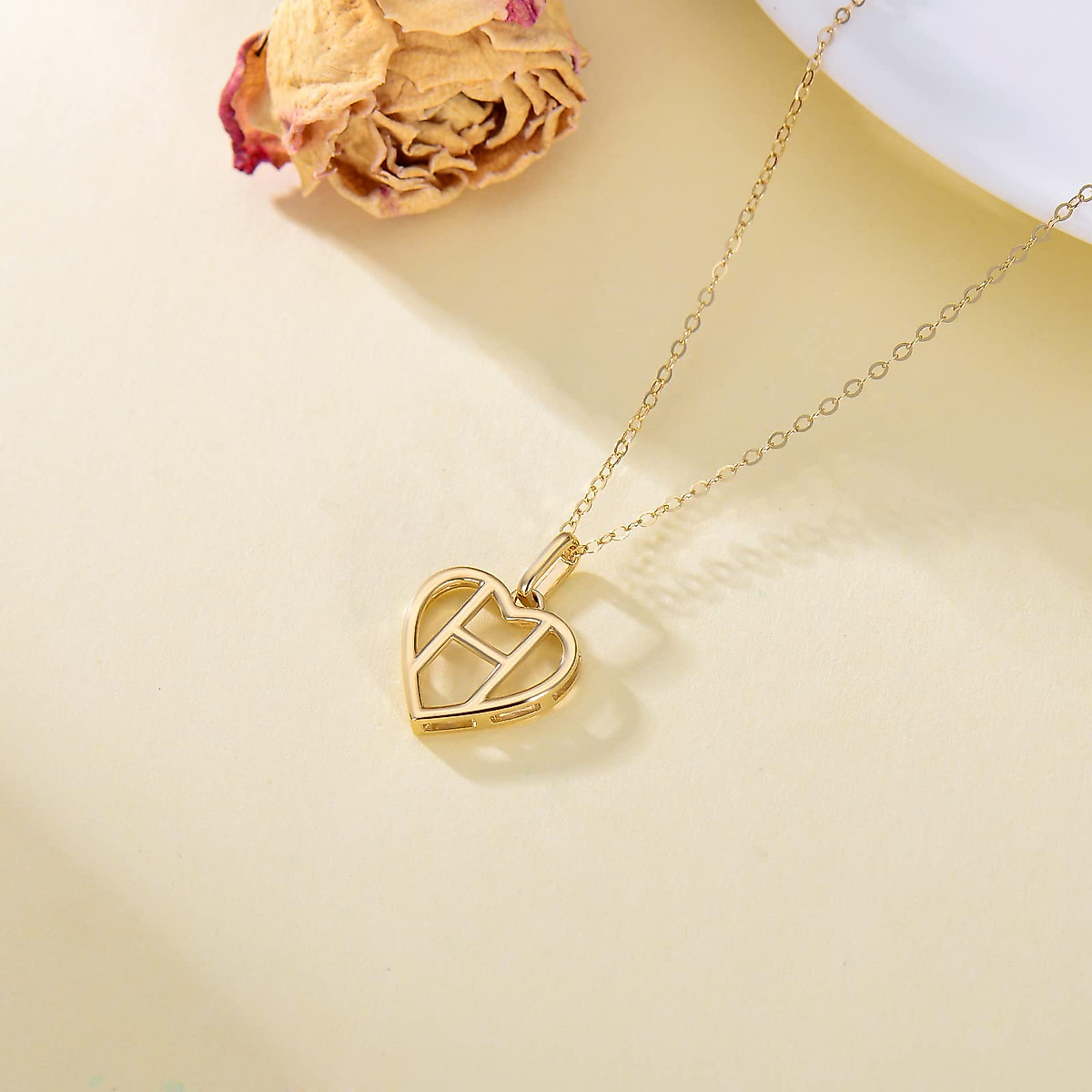 14K Solid Gold Heart Initial Necklaces for Women, Real Gold Heart Pendant Letter C Alphabet Necklace Jewelry Gift for Her, 18" Gold Adjustable Chain (C)